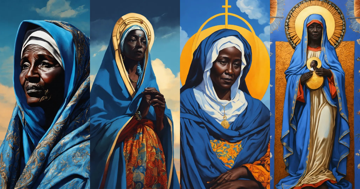 Lexica - Ilustration, VIrgin mary with black skin as a old woman, blue ...