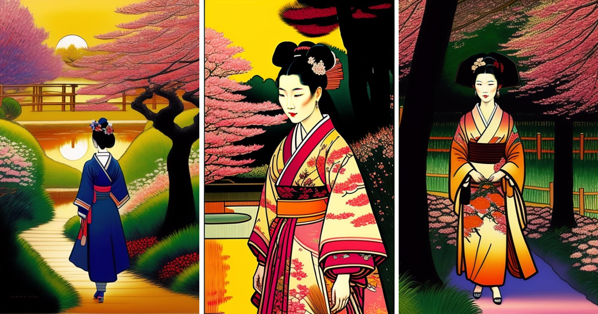 Lexica - Line drawing color of a geisha walking at sunset through a ...