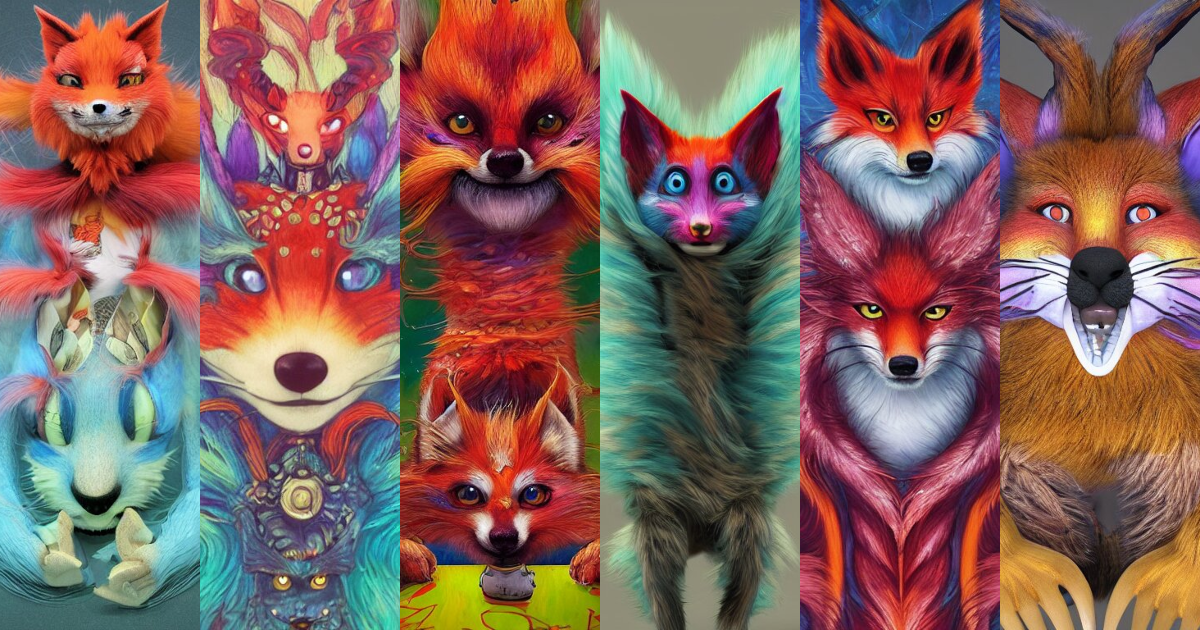 Lexica - 3 d model of a vibrant colored kitsune with long fur and large ...