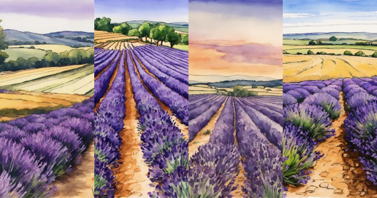 Lexica - Colored pen and ink sketch of fields of lavender