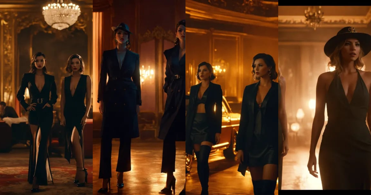 Lexica - Mafia girls standing in artistic set of music video, night interior, mood lighting ...