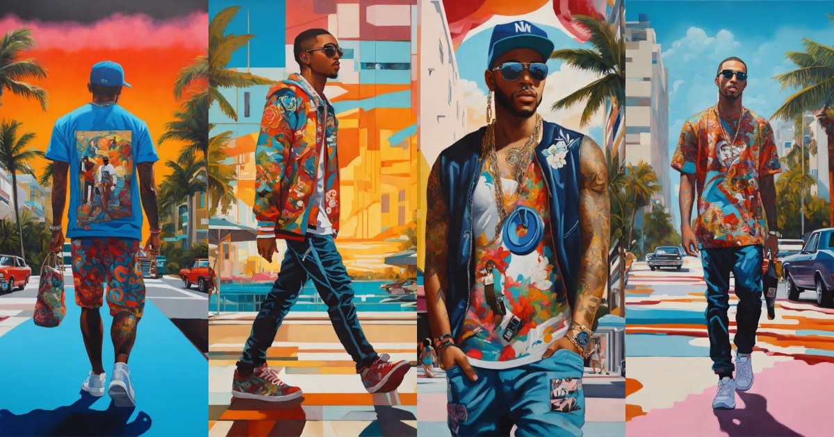 Lexica - A rapper walking in Miami Beach oil painting Tristan eaton