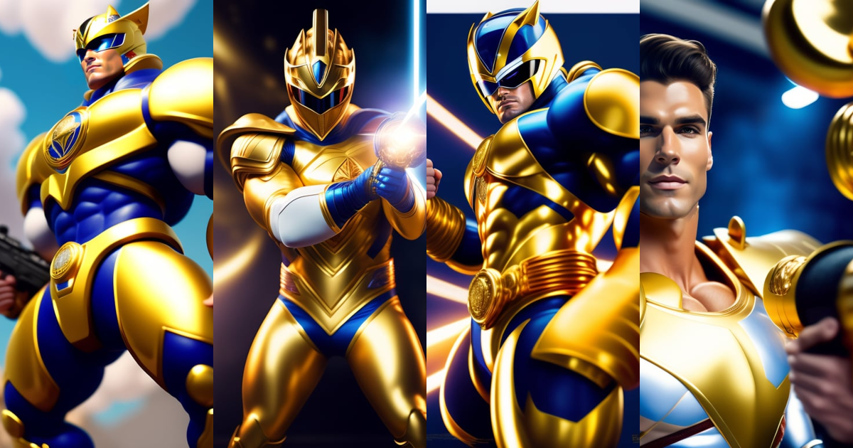 Lexica - A cartoon buff white male with a gold and blue power ranger ...