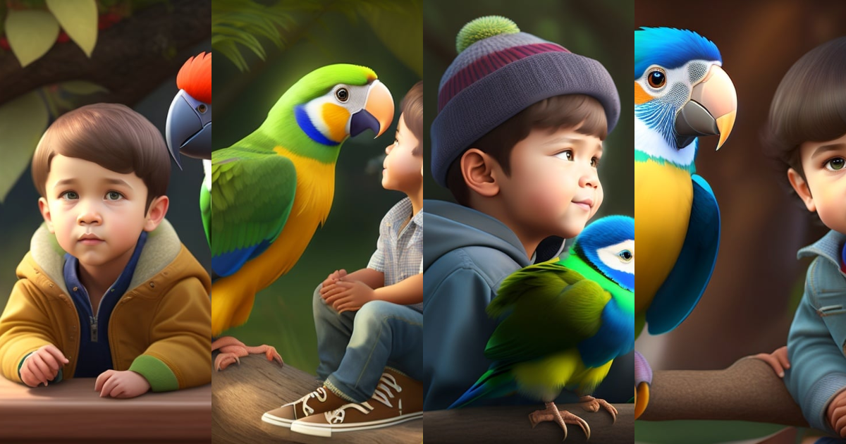 Lexica - A young boy with parrots sitting under the tree,hyper ...
