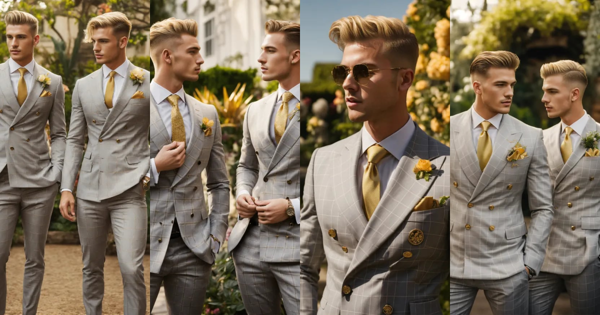 Lexica - Two young blonde male businessmen in light grey windowpane ...