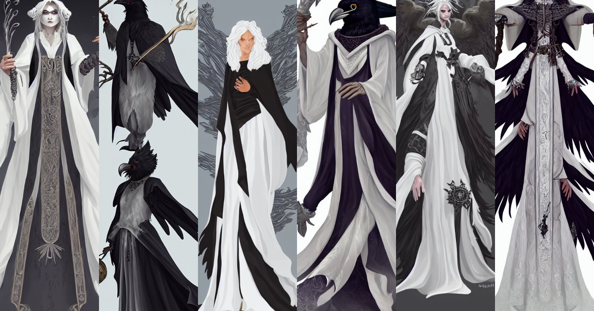 Lexica - Raven headed warlock, wind magic, white cloudy robes ...