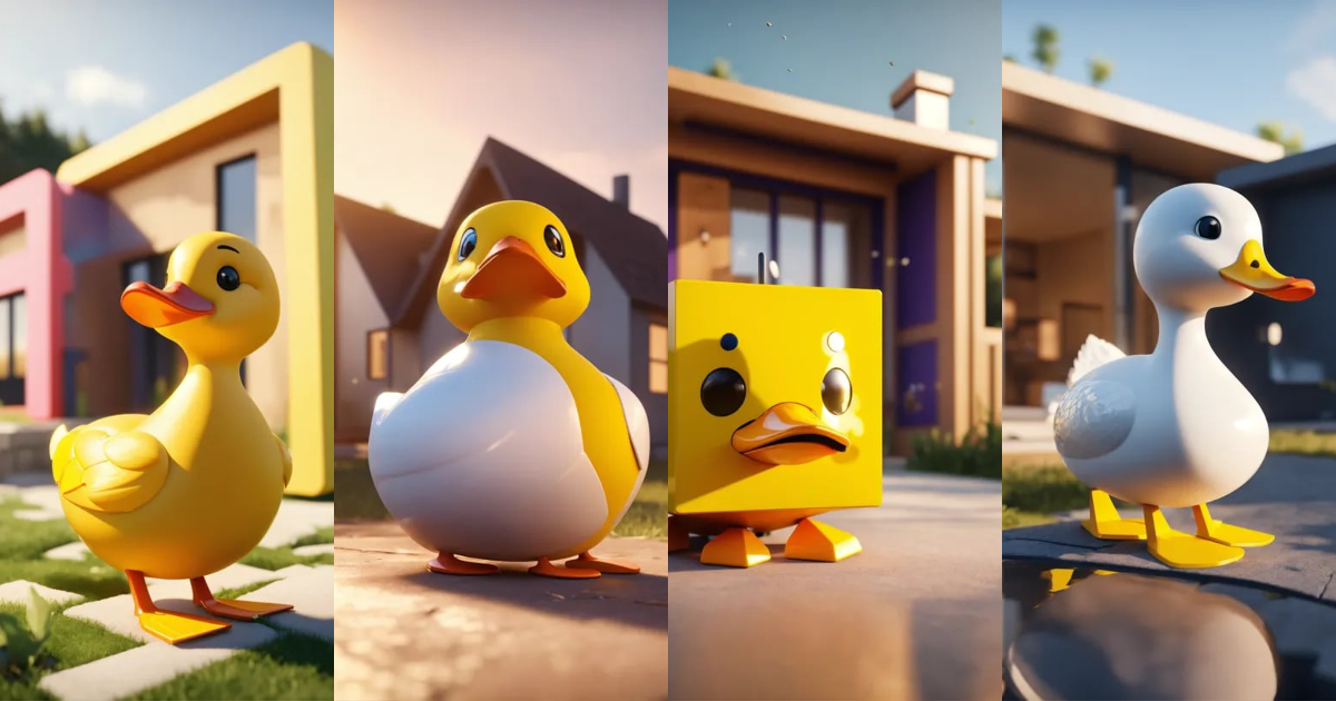 Lexica - A cute cuboid duck in front of a cube shaped house, unreal ...