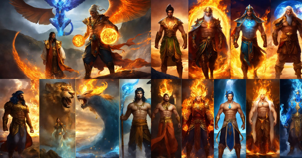 Lexica - 4 elemental male genies, earth dao , fire effret, water marid ...