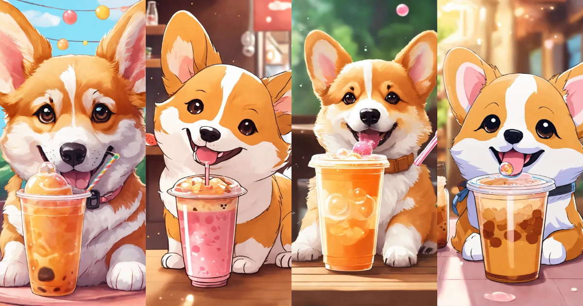 Lexica - A kawaii corgi puppy drinking bubble tea. the smiling corgi puppy is smiling