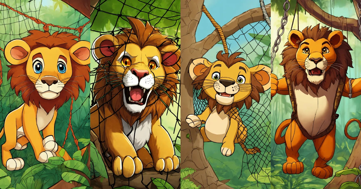 Lexica - Cartoon lion trapped in net and hung to tree in jungle
