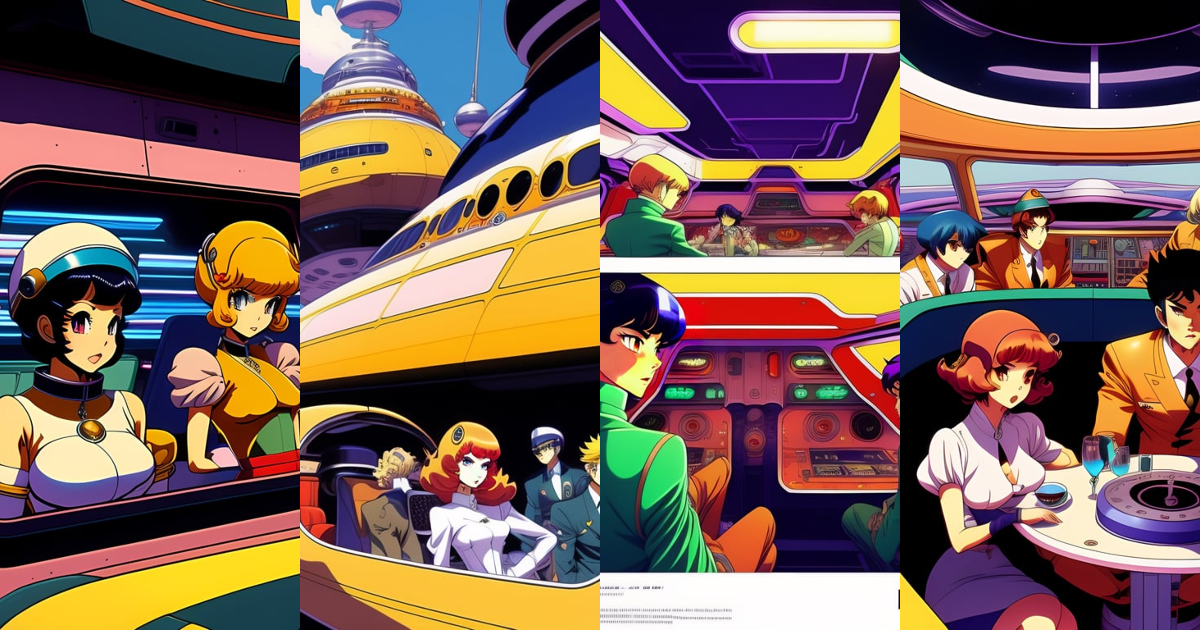 Lexica - Vintage 60's anime style. cluttered starship interior; crew ...