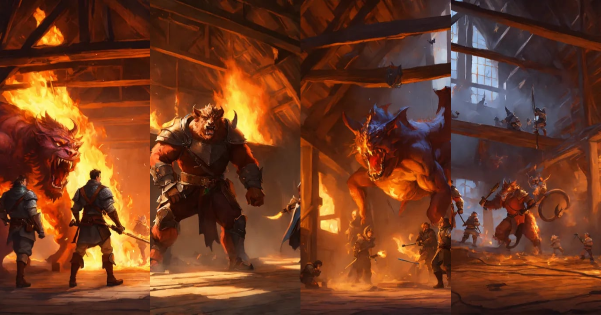 Lexica - Fantasy adventurers in an old barn battling fire gargoyles ...