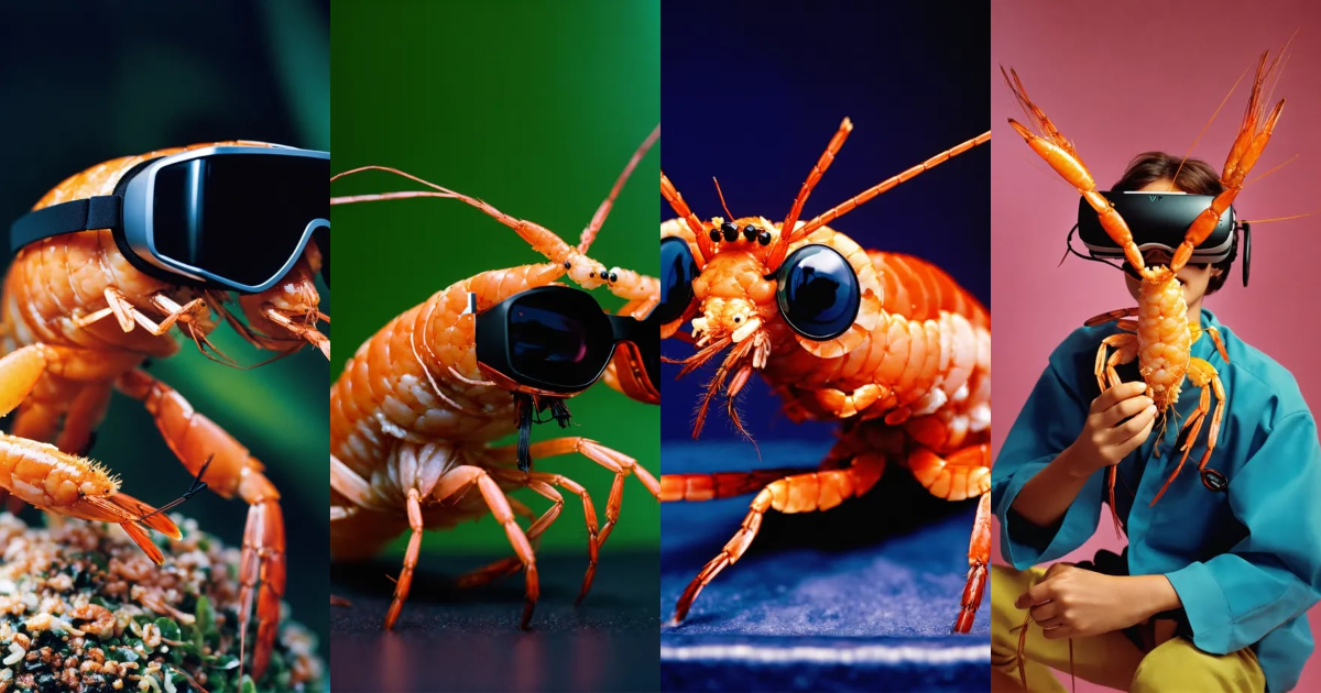 Lexica - A shrimp wearing VR goggles, 1990s product photography