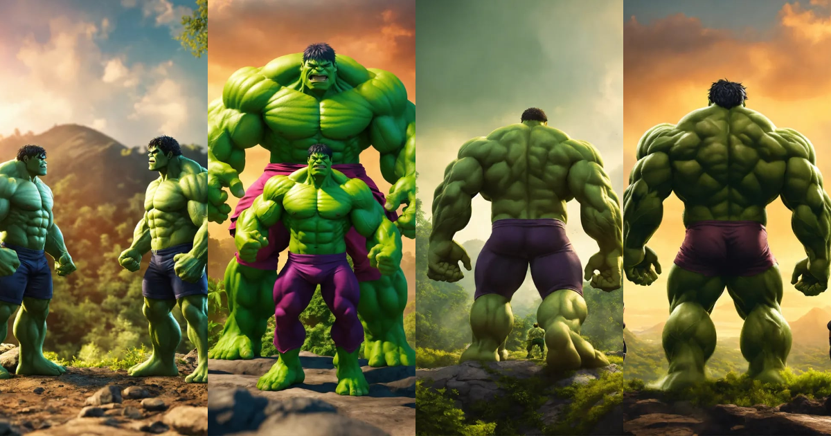 Lexica - 3 Hulk standing together, nature background, 2D render