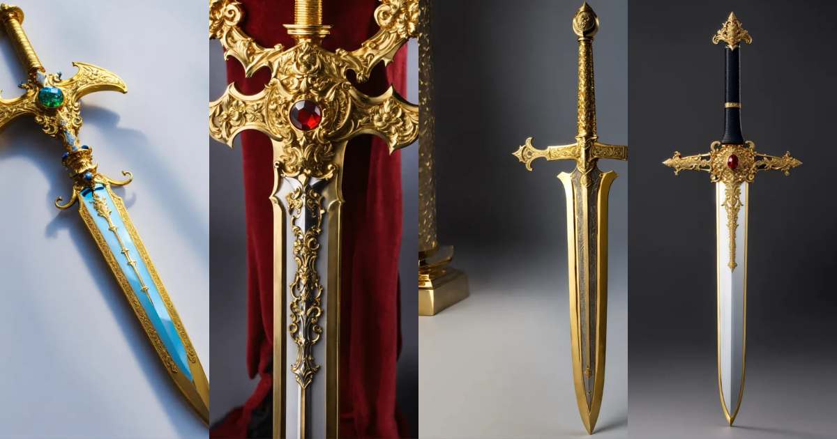 Lexica - Gold sword side view, white background