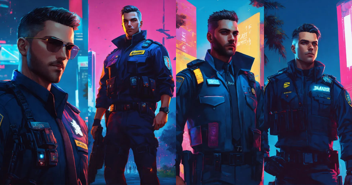 Lexica - Male university cop in dark blue uniform in a park , Cyberpunk ...