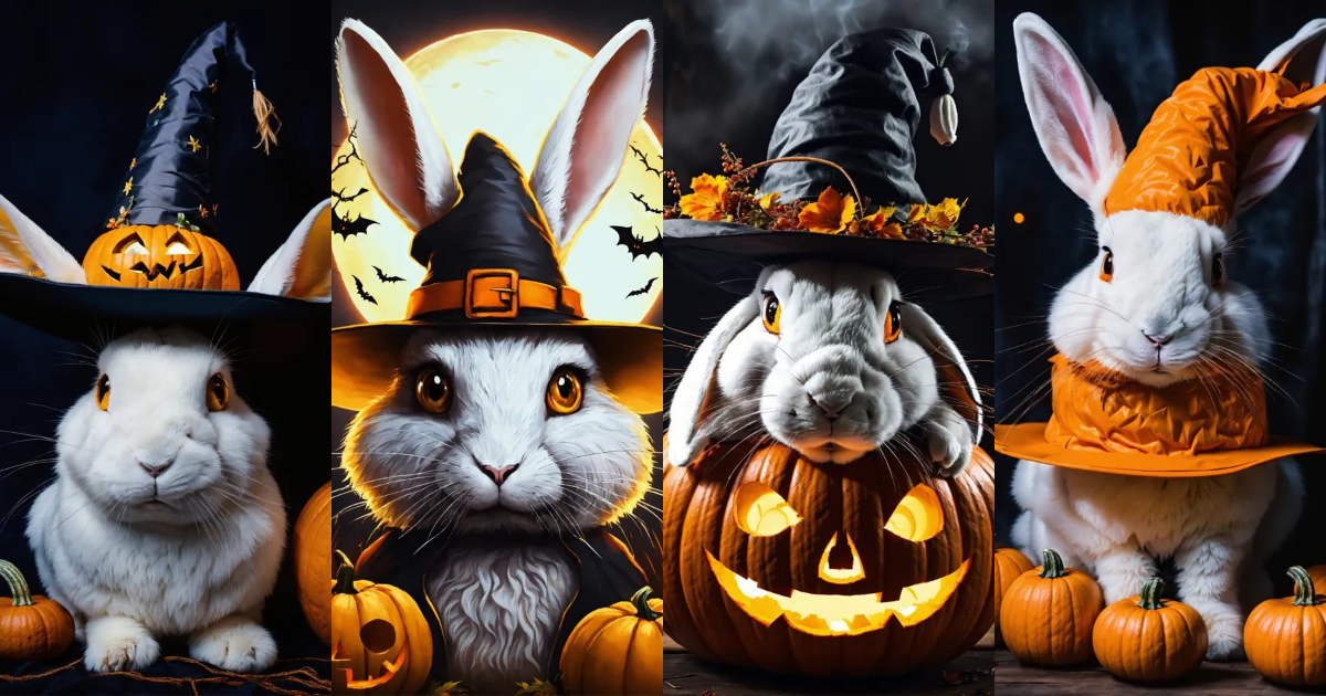 Lexica - Spooky white rabbit with orange eyes wearing a witches hat ...