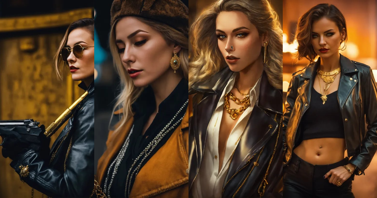 Lexica - Mafia boss lady mit einer lederjacke und einer Goldkette mit ...