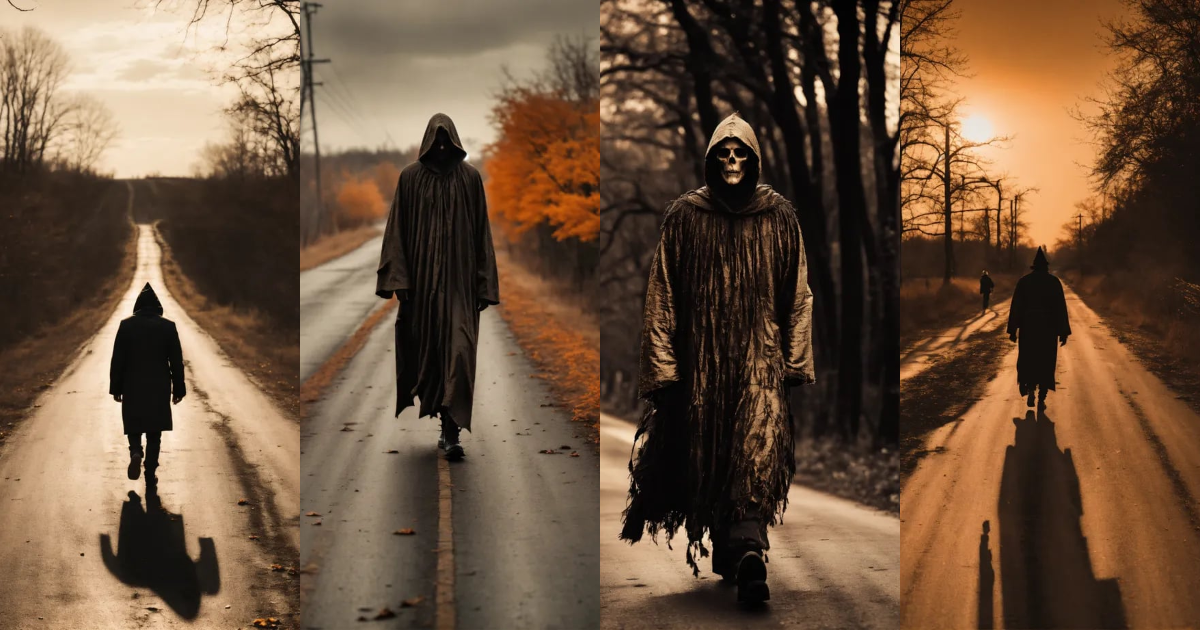 Lexica - A black and white image showing a creepy creep walking down a ...