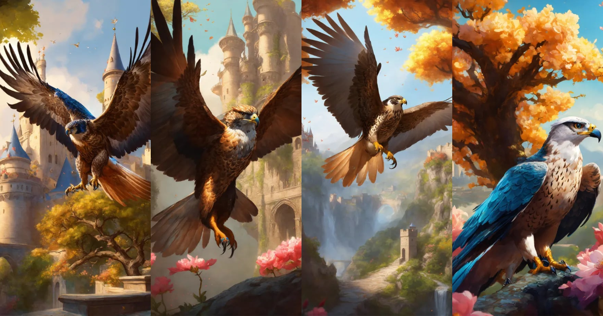 Lexica - Big animal falcon, wears magical armor, flying around castle ...