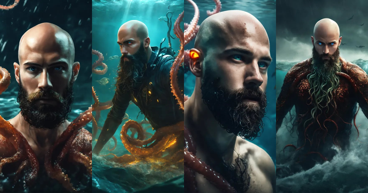 Lexica - A young bald man with beard 8k modern day sea creature ...