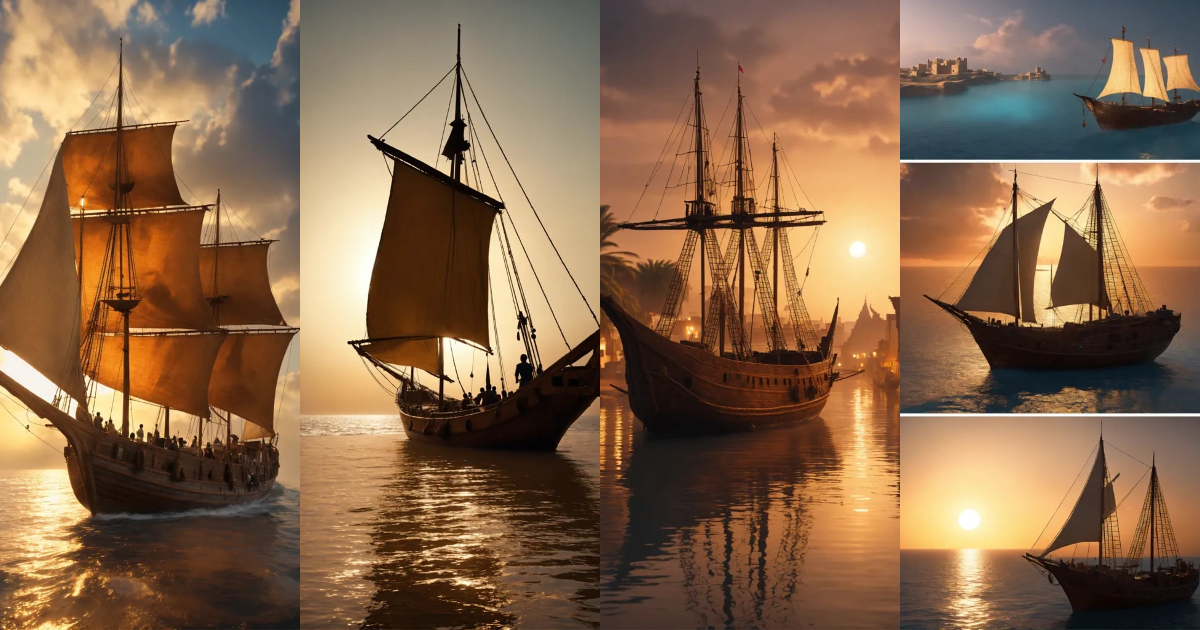 Lexica - Dhow ship sailing on the sea, with medieval African town based ...