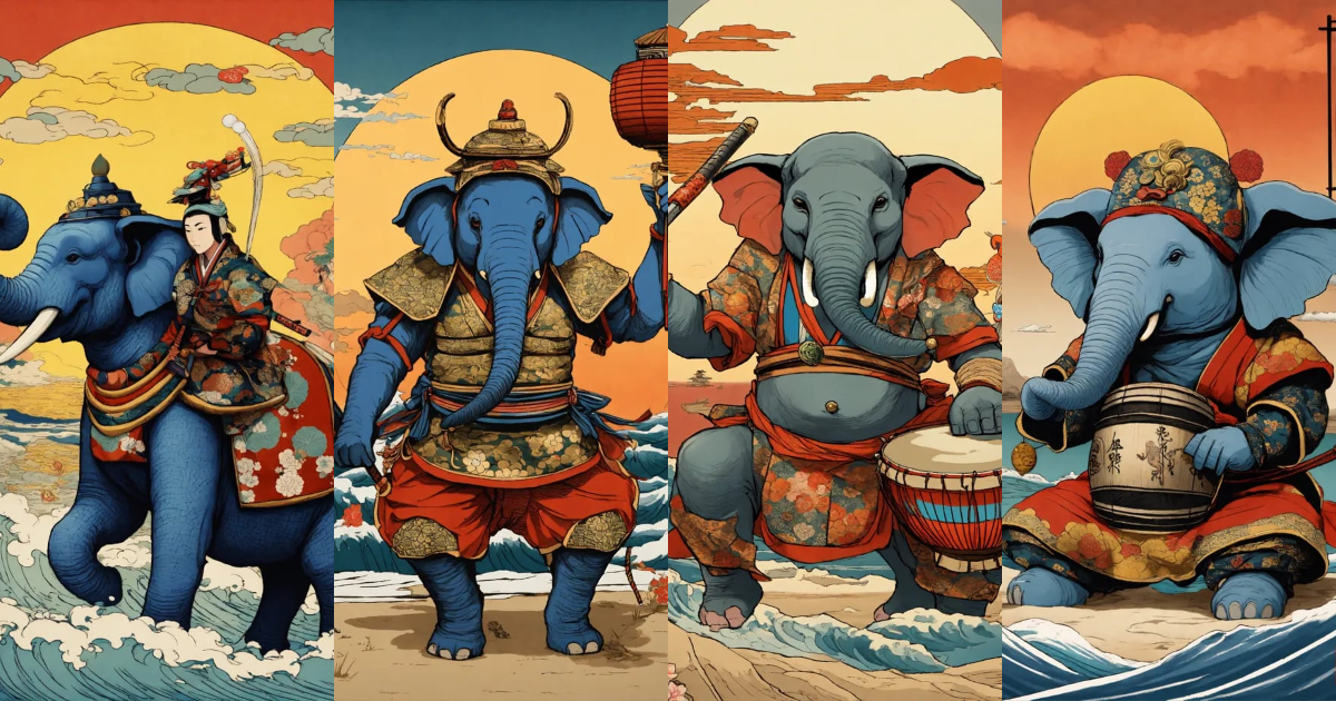 Lexica - There is a elephant playing a drum on a sunny beach background ...