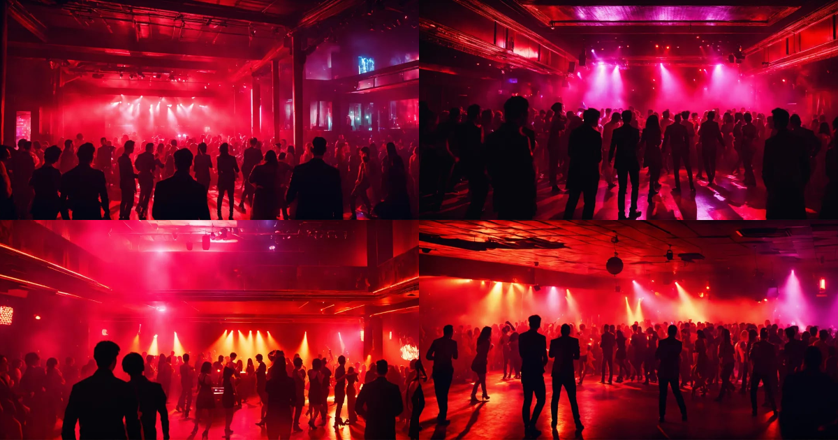 Lexica - Cinematic look, backlit, haze, dark urban city night club hall ...