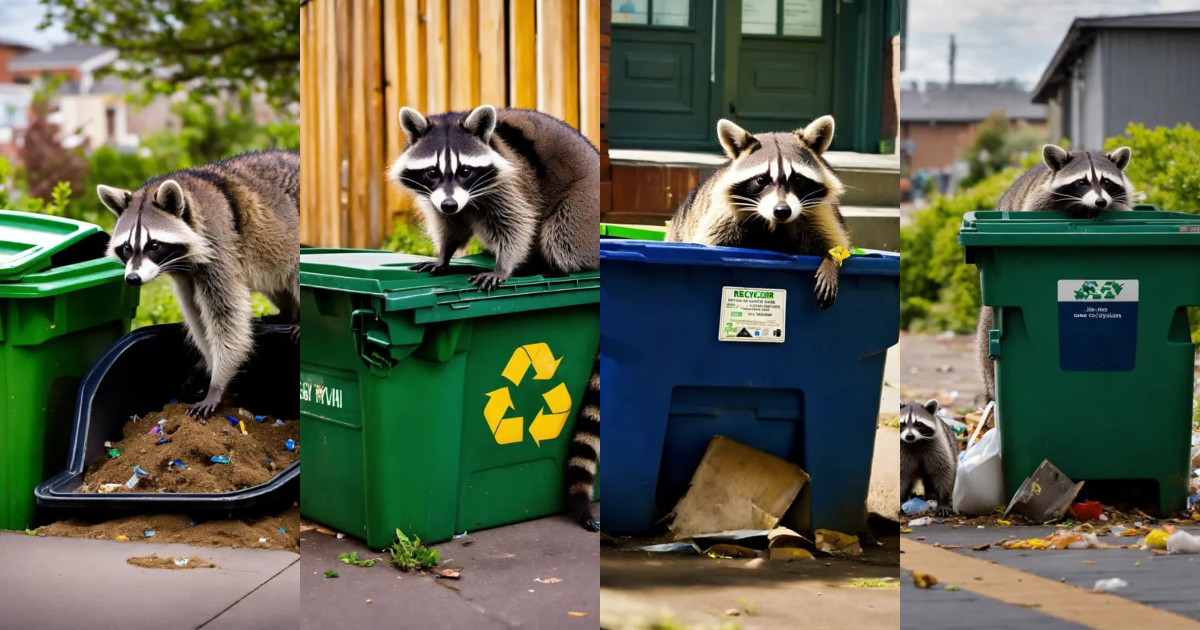 Lexica - A photograph of a raccoon digging through recycling bins, surreal
