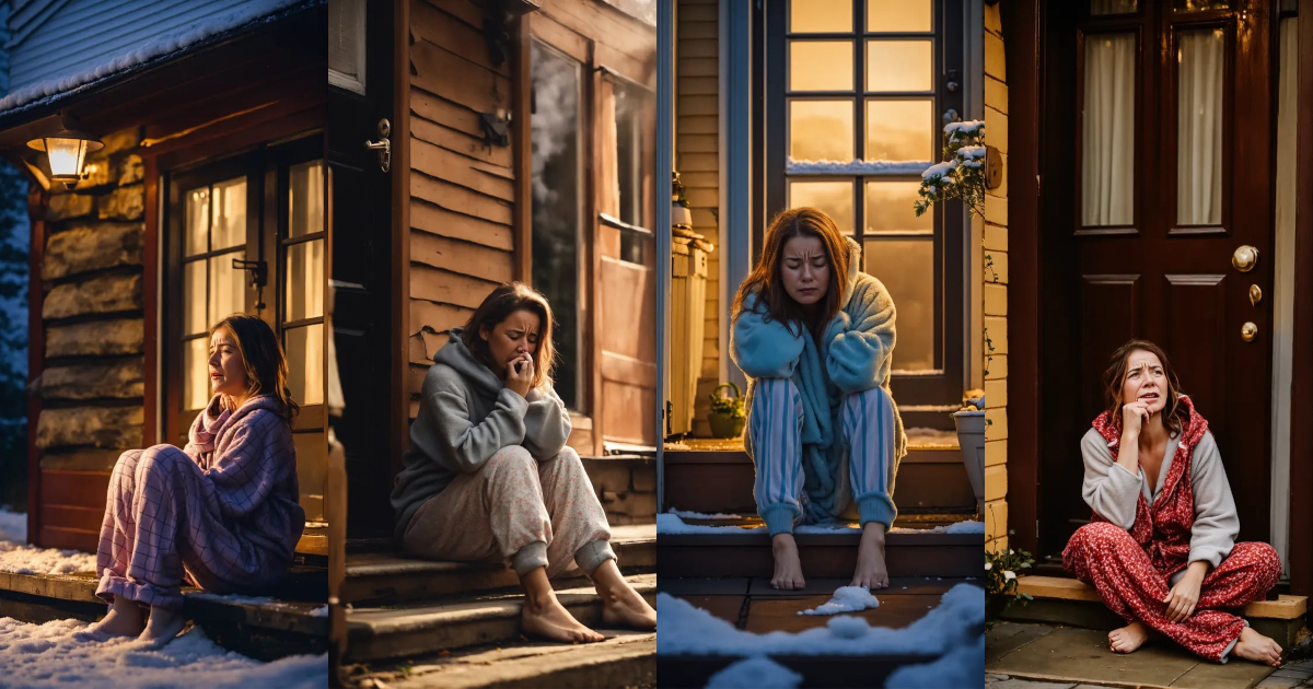 Lexica - A woman is sitting on the doorstep of a house outside in the ...