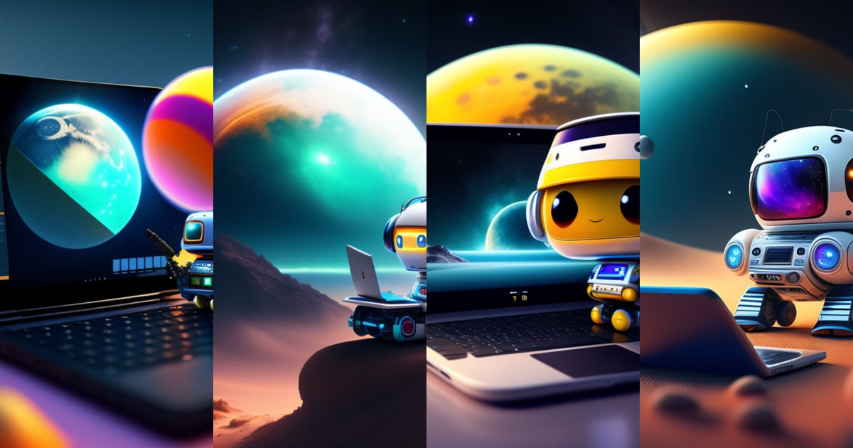 Lexica - A small hyper-cute chibi robot, working on his laptop computer ...