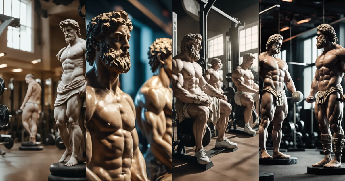 Lexica - Greek marble statues posing in a fitness gym with barbells ...