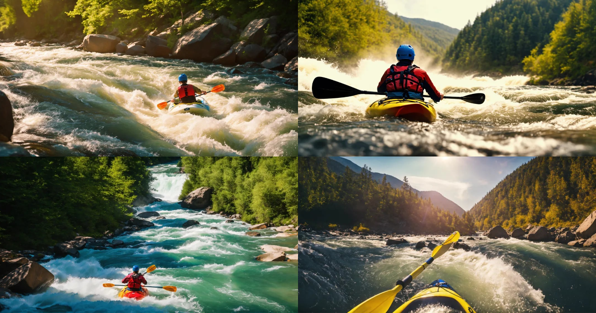 Lexica - Back view of a whitewater kayaking, down a white water rapid ...