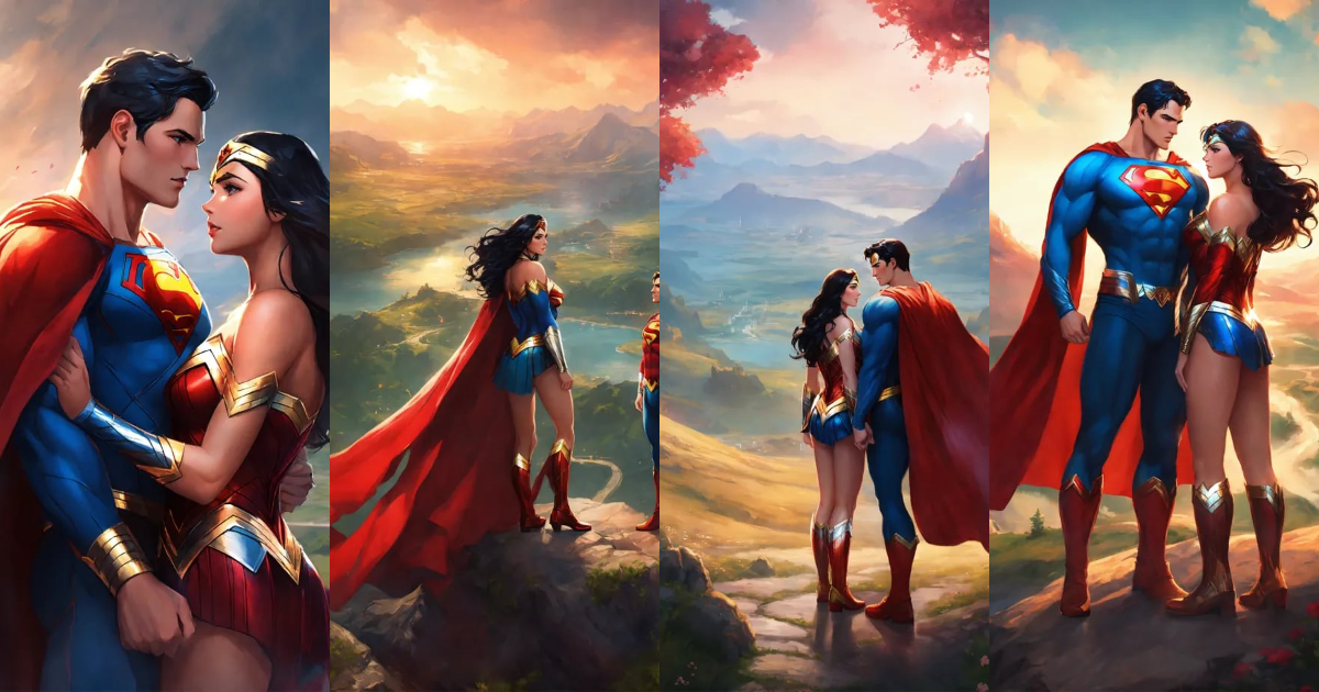 Lexica - Illustration of a fantasy landscape, superman, wonder woman ...