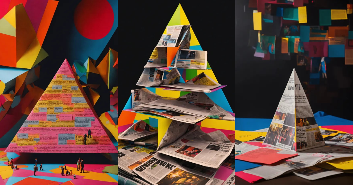 Lexica - Newspapers on an inverted pyramid, black background, figures ...