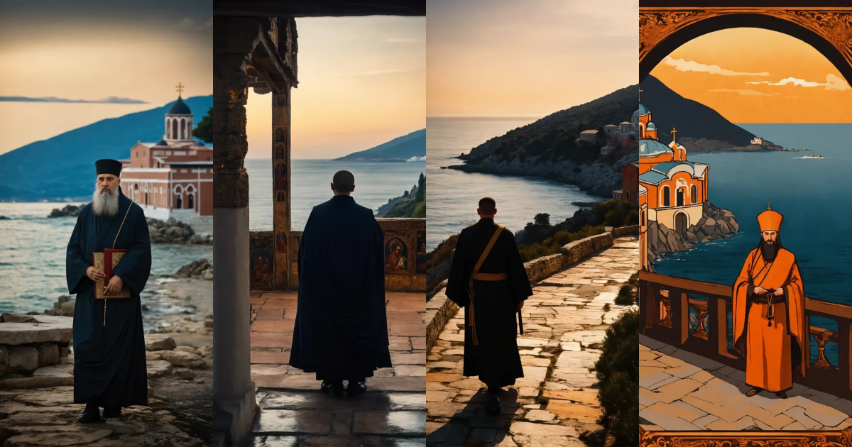 Lexica - A orthodox monk in front of a monastery in Mount Athos and on ...