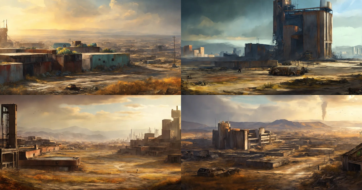 Lexica - Conept art, wasteland, small city in the distance, concrete walls,