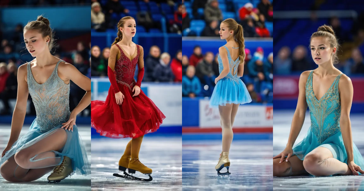 Lexica - Figure skating competition the girl fell and sits on the ice in a beautiful shiny dress ...