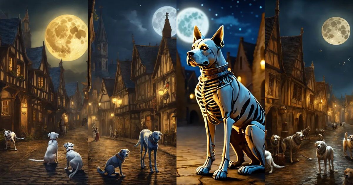 Lexica - Pack of skeleton dogs in medieval city, night with full moon ...