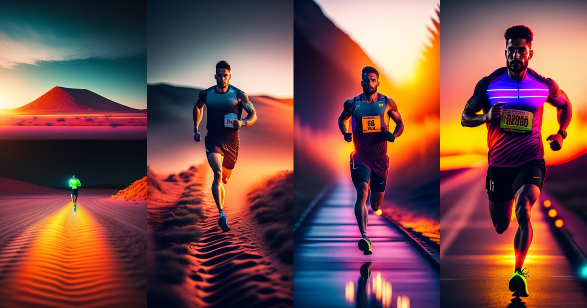 Lexica - 120mm photograph of man runner, realistic landscape, 8k, neon ...