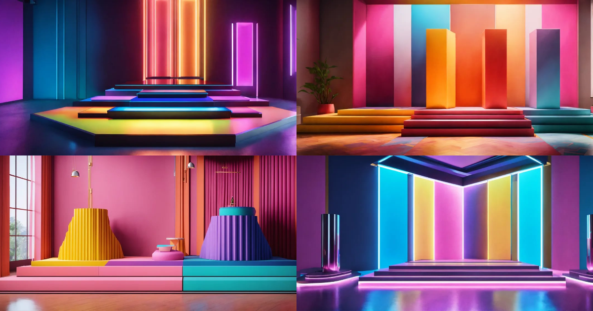 Lexica - A colorful podium in a bright room with multiple podiums to ...