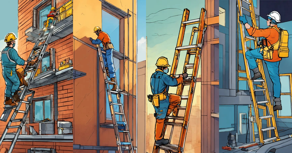 Lexica - Construction worker climbing on A-type ladder, with complete ...