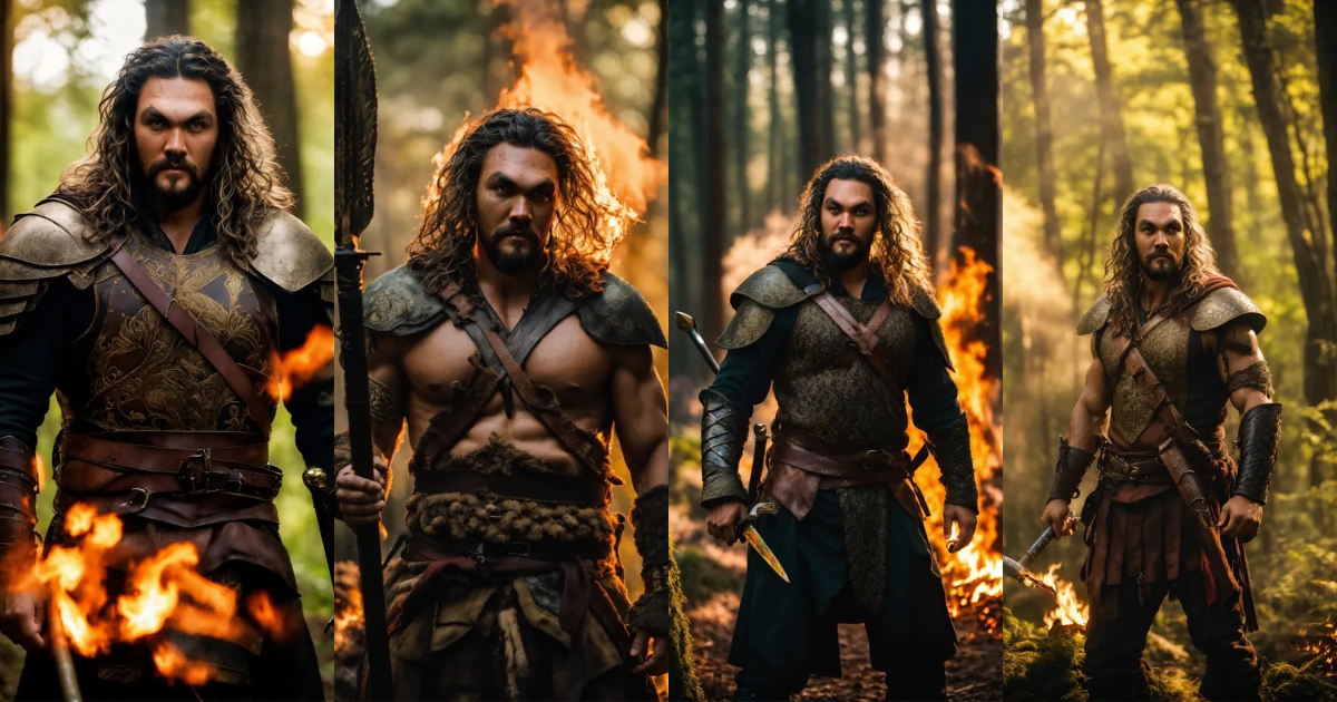 Lexica - Jason Momoa, medieval warrior, fire hair, fire eyes, in a ...