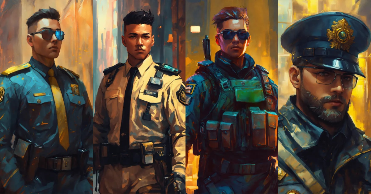 Lexica - Cyberpunk security officer in a guard uniform, fancy office ...