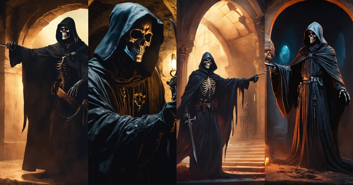 Lexica - An up-close grim reaper with his arm outstretched and pointing ...