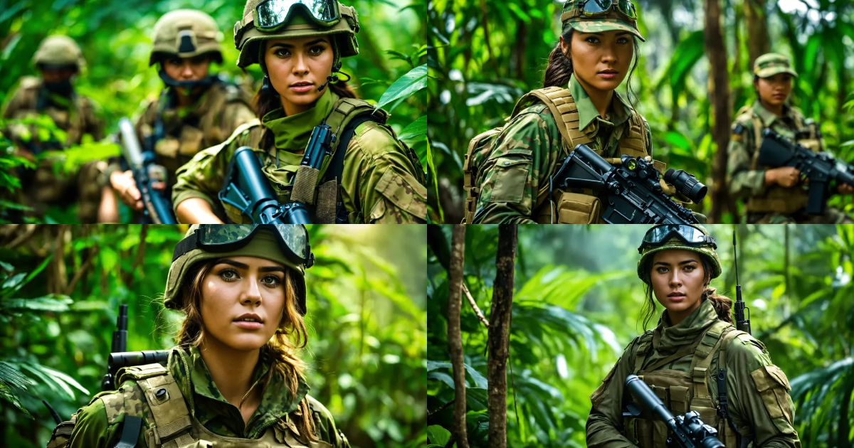 Lexica - Female commandos in jungle, perfect face, full camouflage, HDR ...