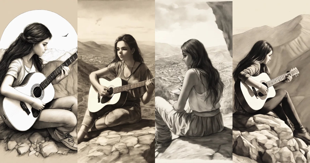 Lexica - Pencil drawing of an Israeli girl sitting with her back on a ...