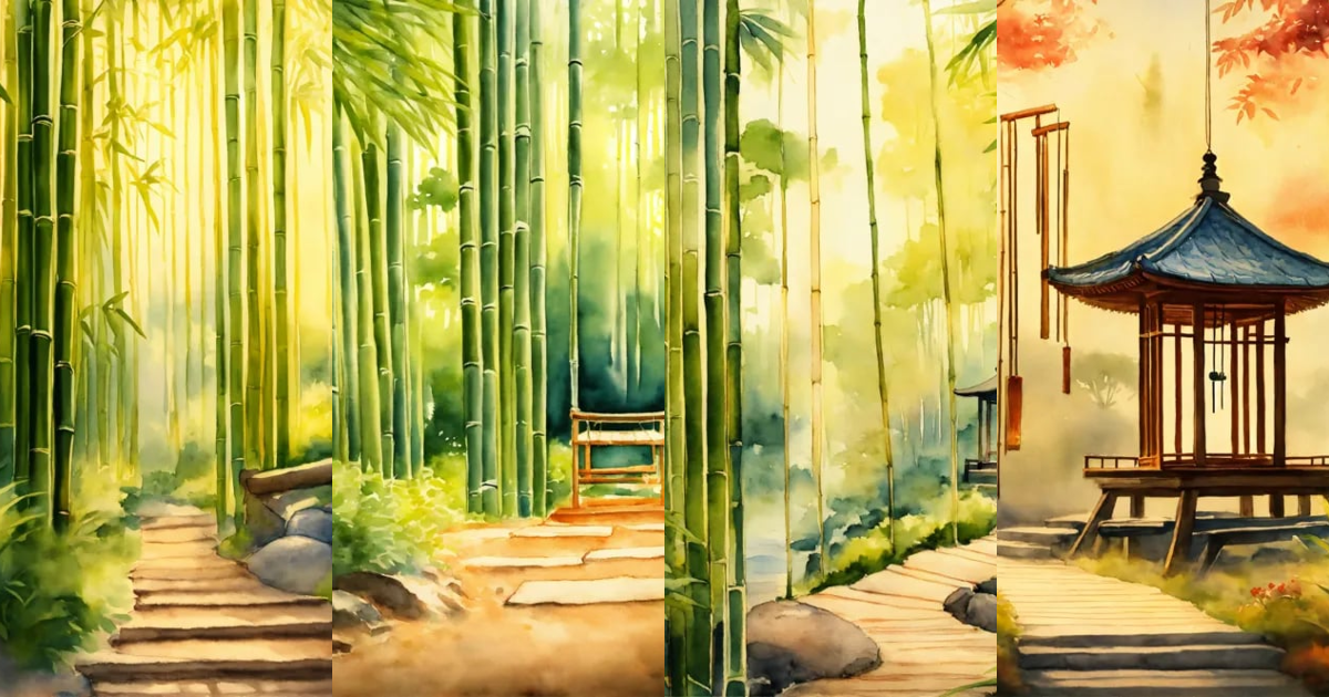 Lexica - Watercolour painting, wind-chimes, Japanese zen garden, bamboo ...