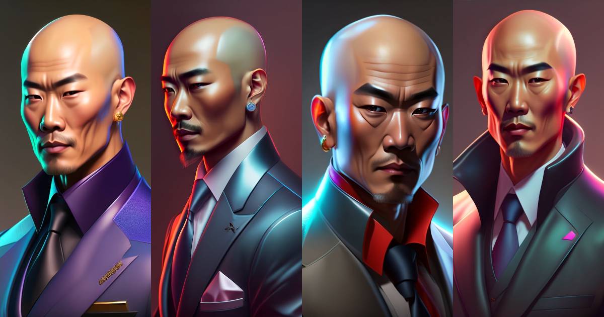 Lexica - Portrait of japanese man, age 50, gaunt face, suit, bald, full ...