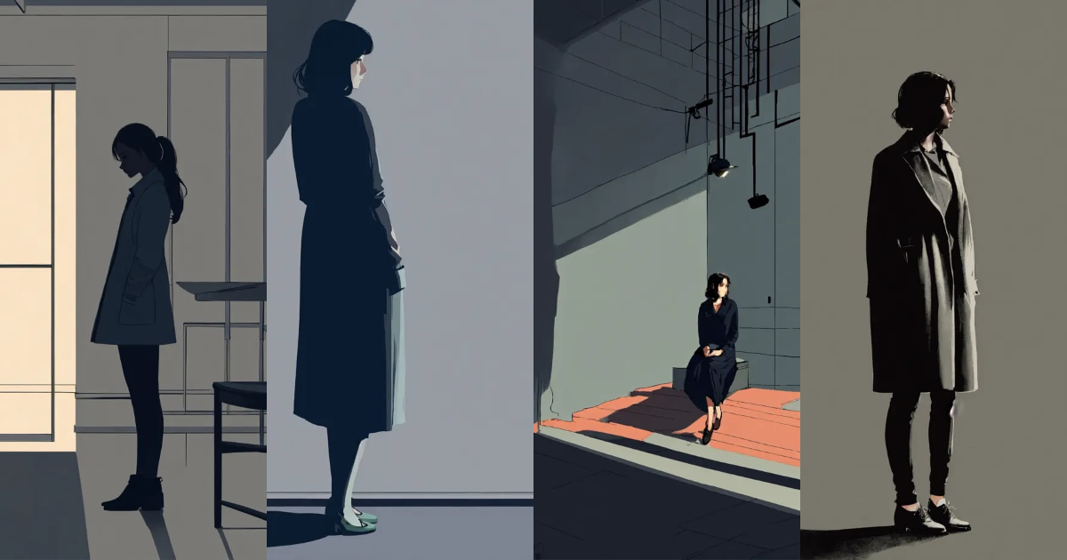 Lexica - Illustration, woman, guilty, lonely, shadow, grey